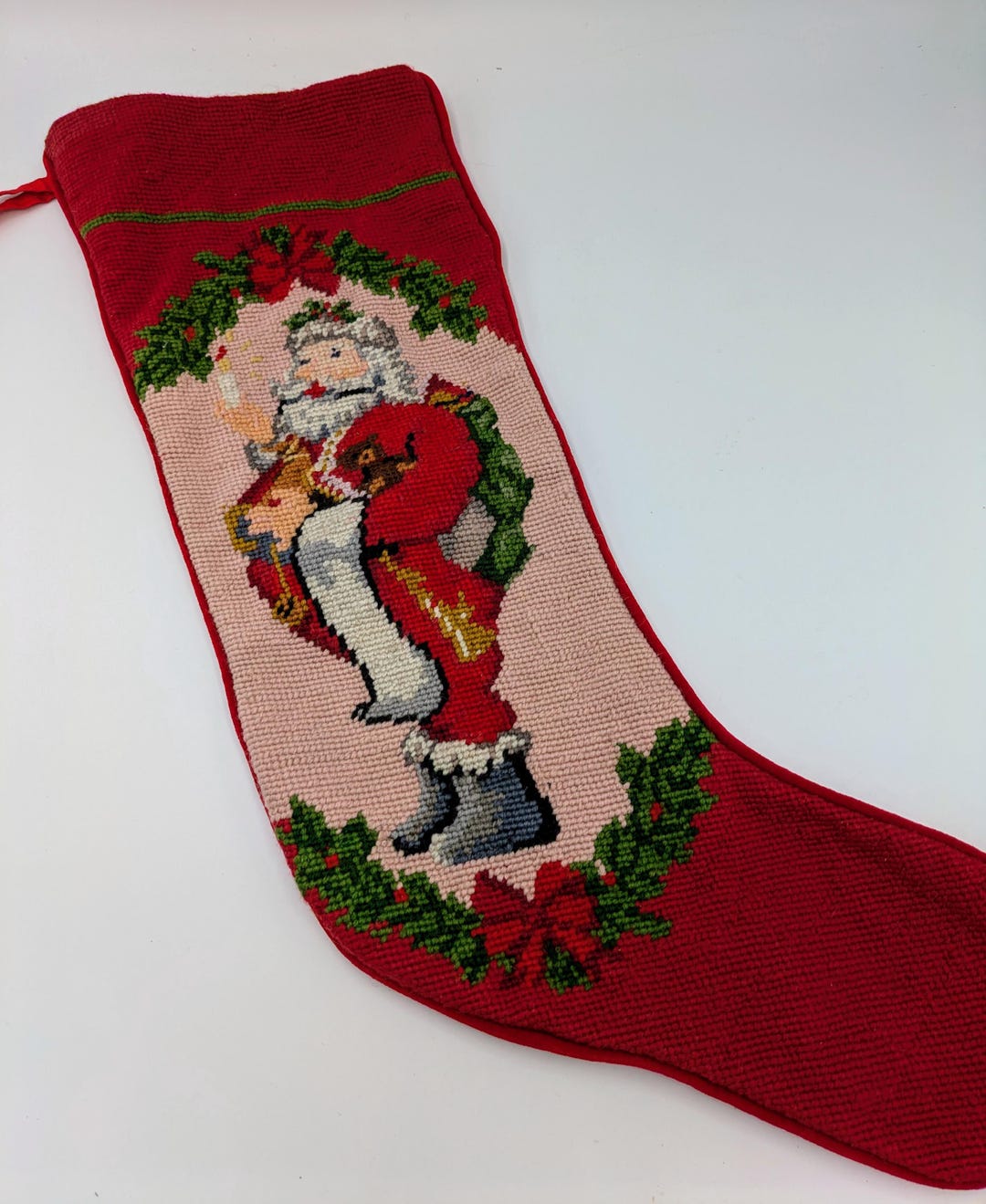 Vintage Needlepoint Santa With List Red Christmas Stocking - Etsy