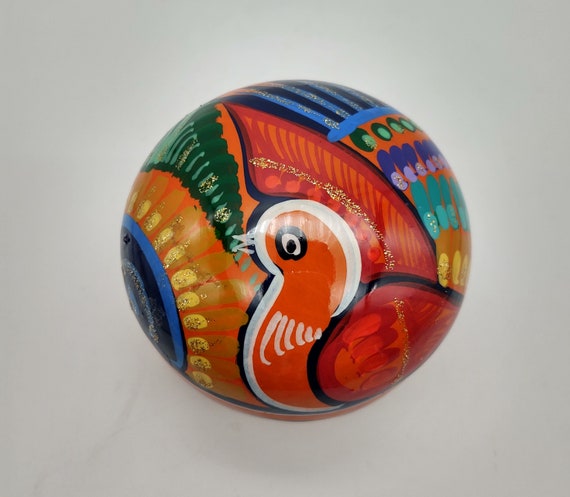 Mexican Pottery Redware Hand Painted Round Trinket Box - Gem