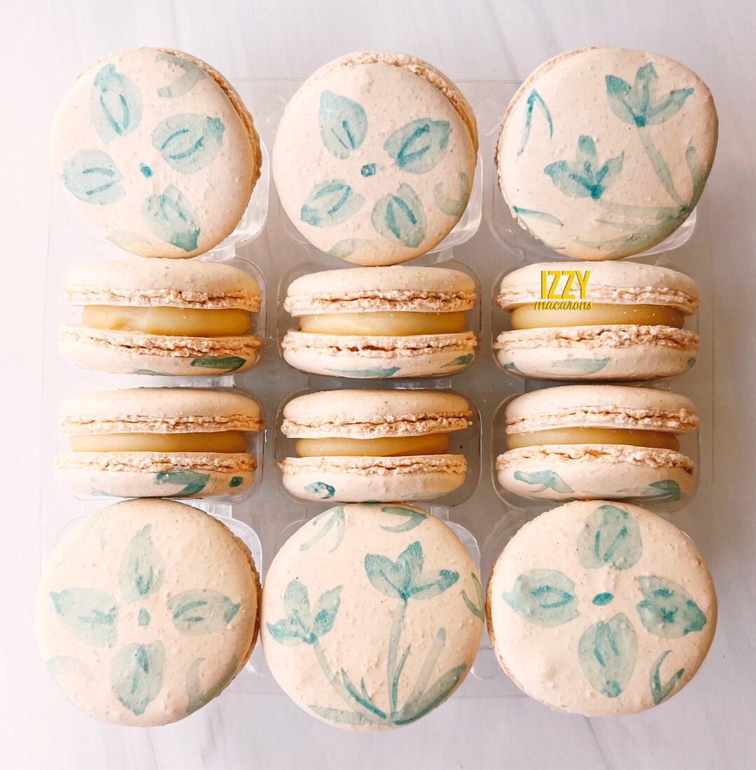 Blue Flowers Hand Painted French Macarons 12 or 24 - Choose Your ...