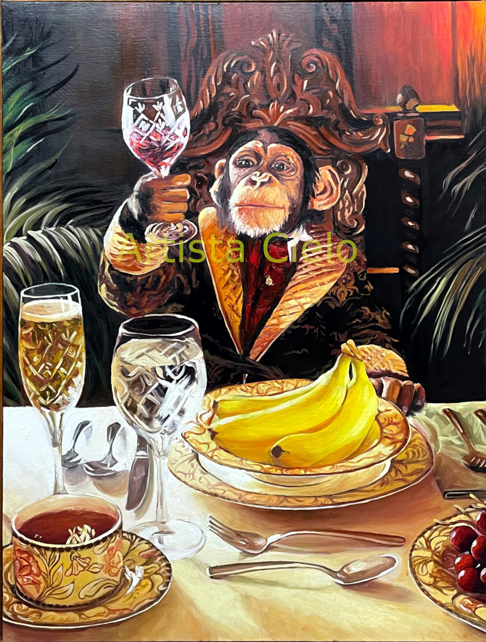 Monkey Drinking Wine Art Print | Giclée Canvas, Handmade Frame - Etsy