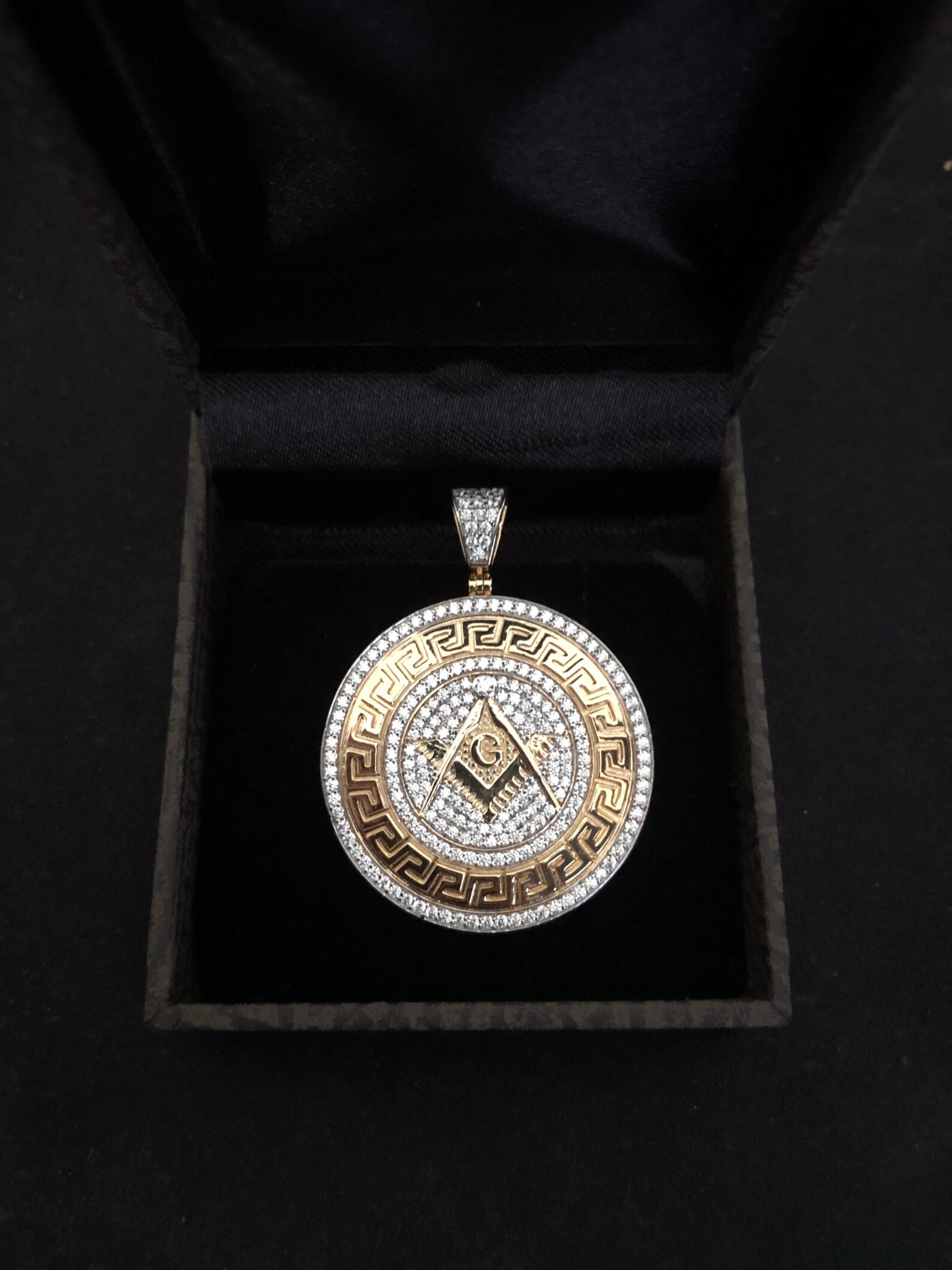 Yellow Gold Finish Masonic Medallion Style Diamond Pendant Charm Silver ...