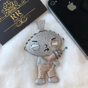 3" Long 1.5" Wide Iced Out Stewie Griffin Sterling Silver 925 Diamond ...