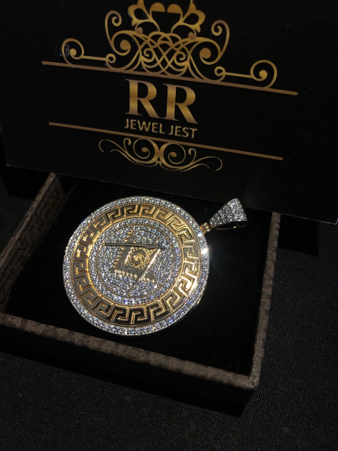 Yellow Gold Finish Masonic Medallion Style Diamond Pendant Charm Silver ...