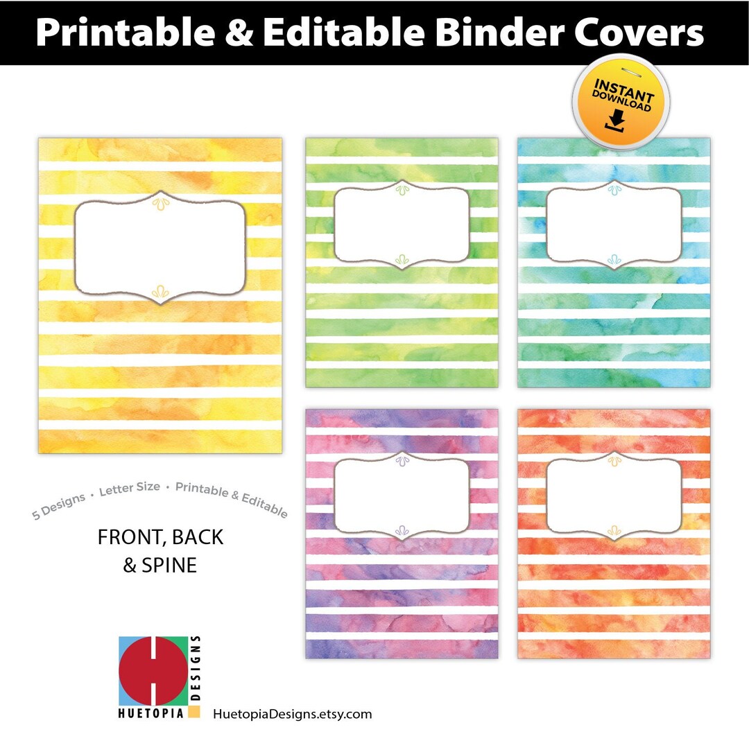 Watercolor Stripes Binder Covers & Spines, Editable and Printable ...