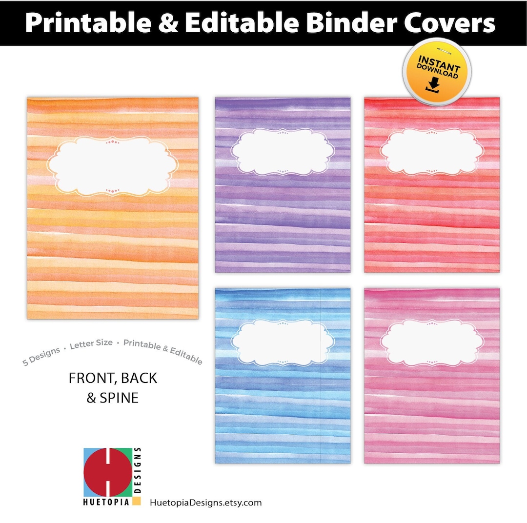 Soft Watercolor Stripes Binder Covers & Spines, Editable and Printable ...