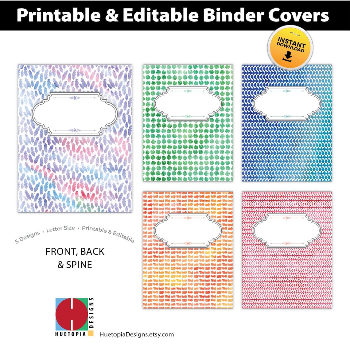 Watercolor Patterns Binder Covers & Spines, Editable and Printable ...