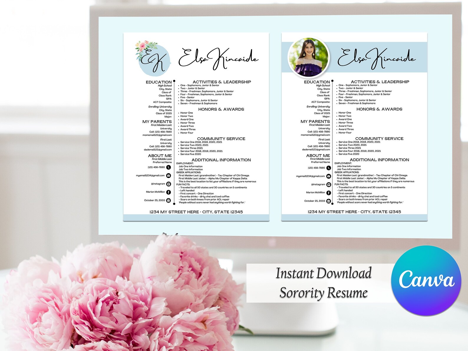 Elsa Sorority Resume Cover & Photo Collage Templates CANVA - Etsy