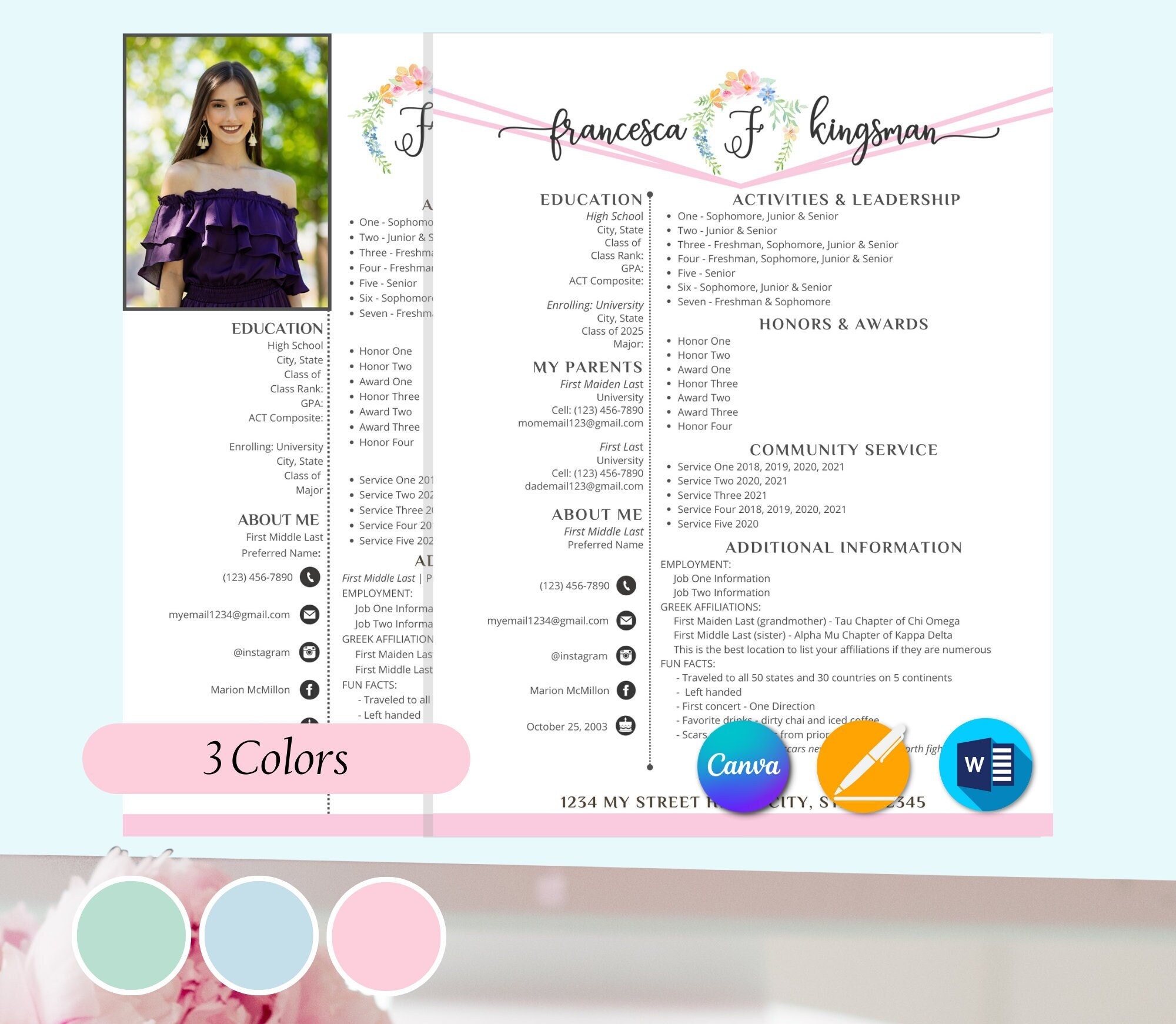 Francesca Sorority Resume Cover & Photo Collage Templates - Etsy