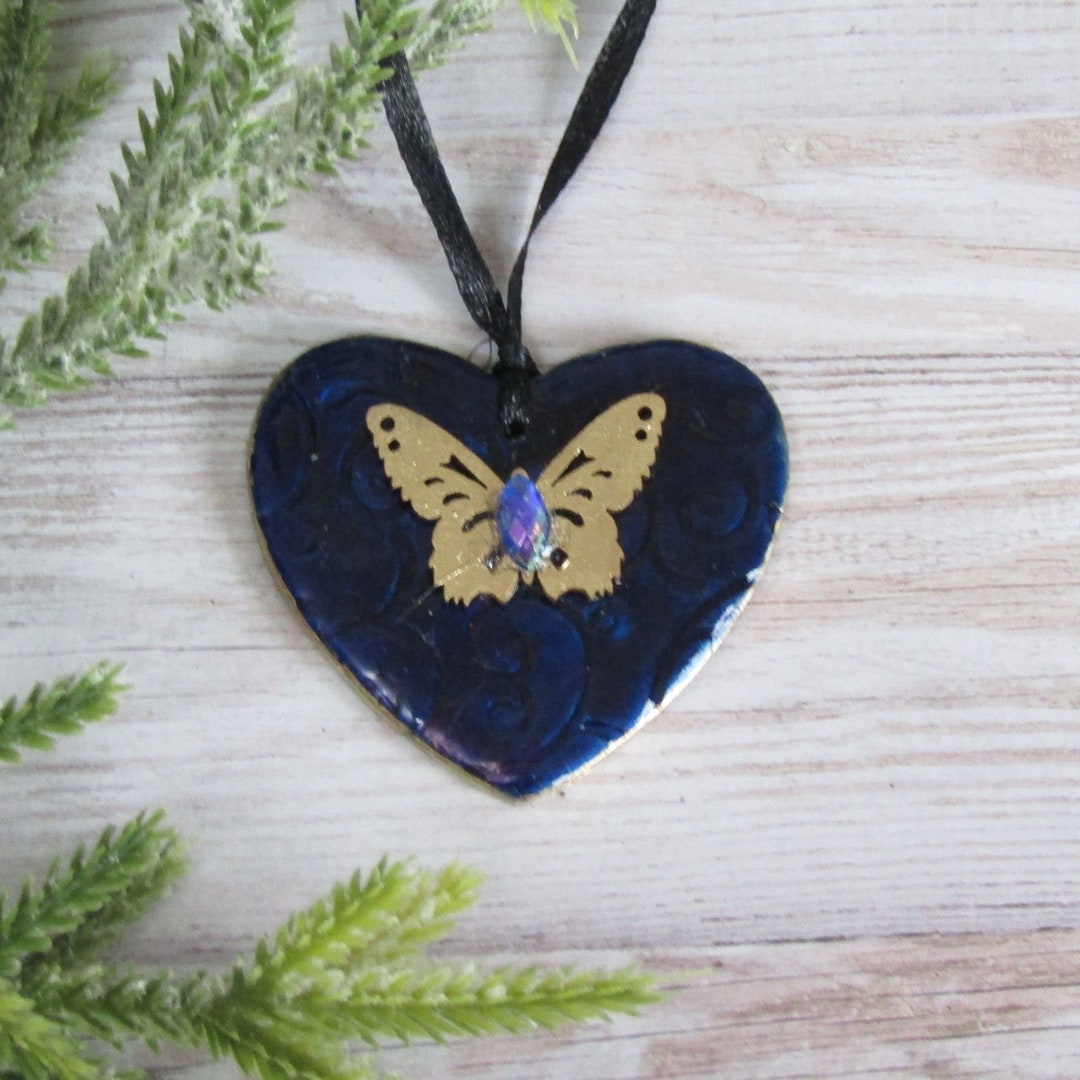 Navy Hanging Heart With Gold Butterfly Christmas Decoration or Gifting ...