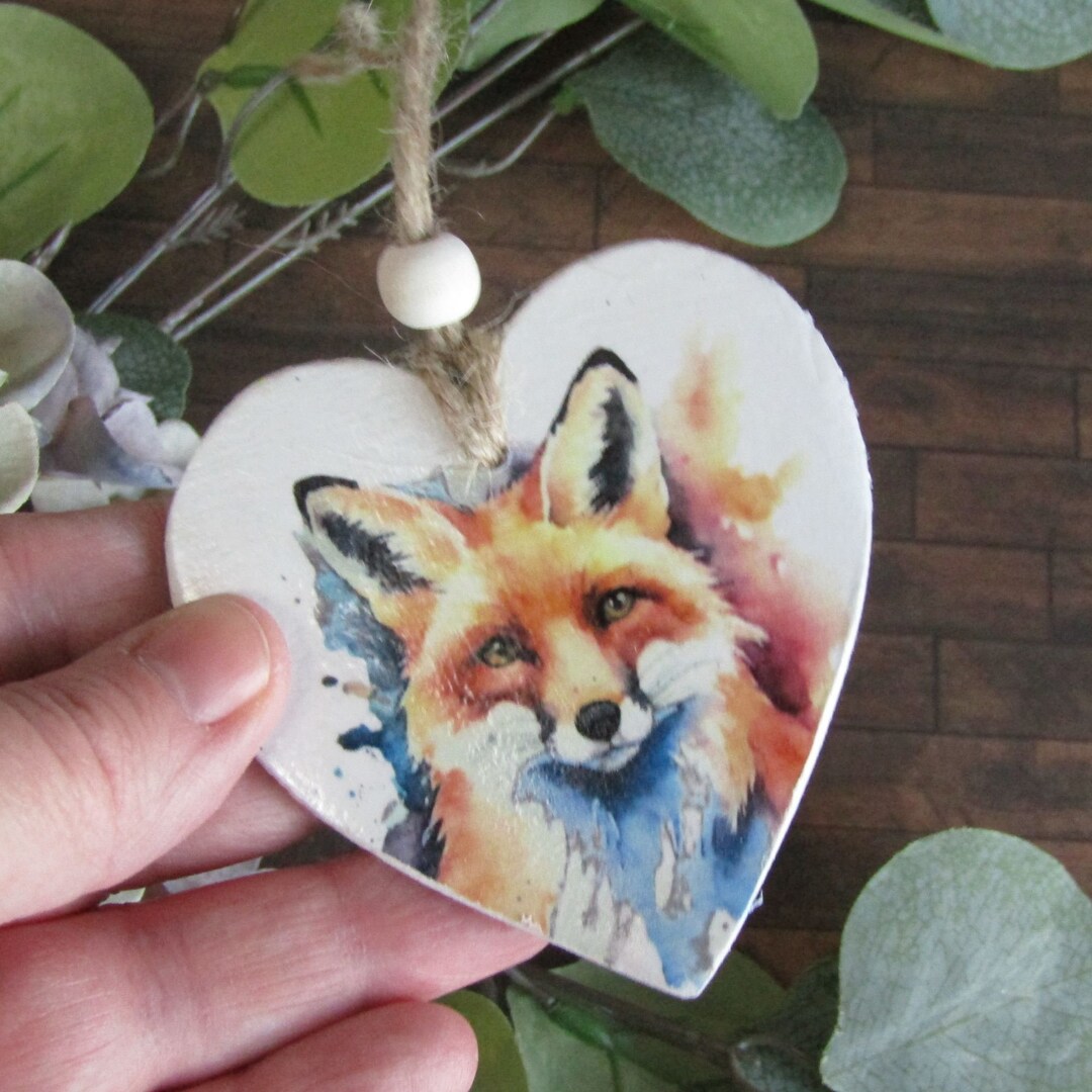 Fox Ornament, Woodland Fox Hanging Heart Decoration, Decoupaged Heart ...