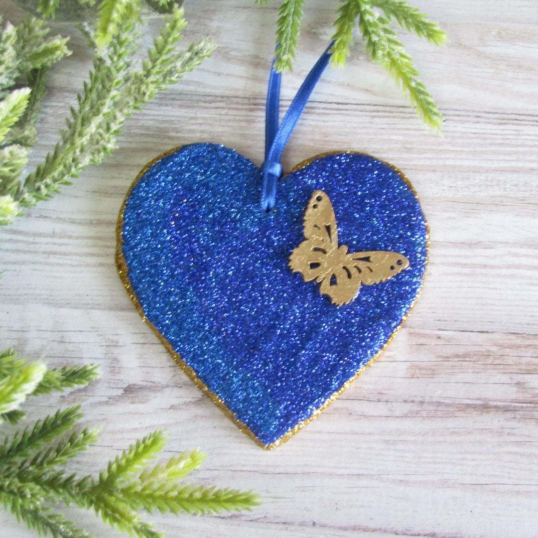 Heart Ornament, Blue and Gold Hanging Heart Decoration With Butterfly ...