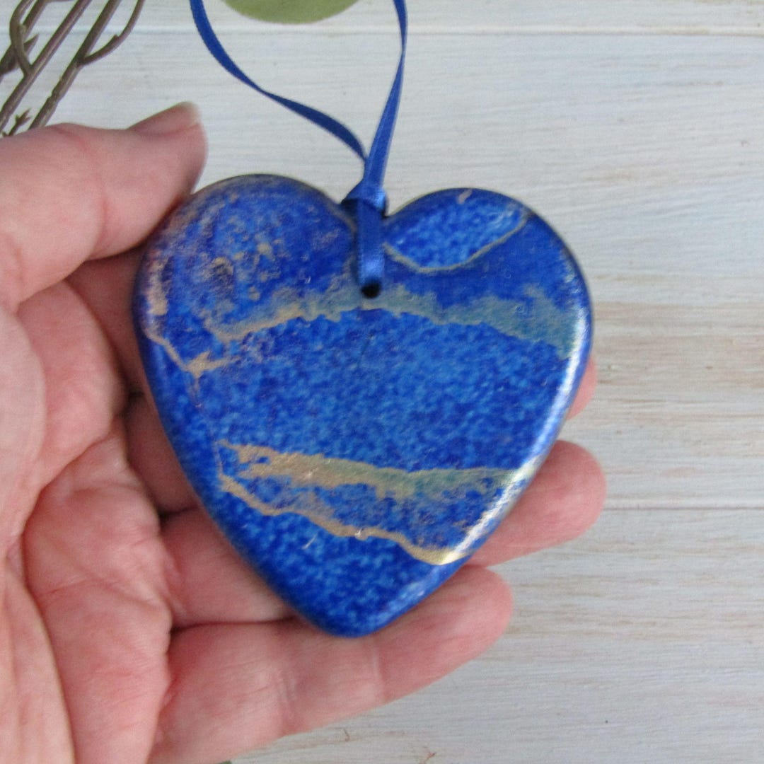 Blue and Gold Hanging Heart Ornament, Rustic Christmas Decoration for ...