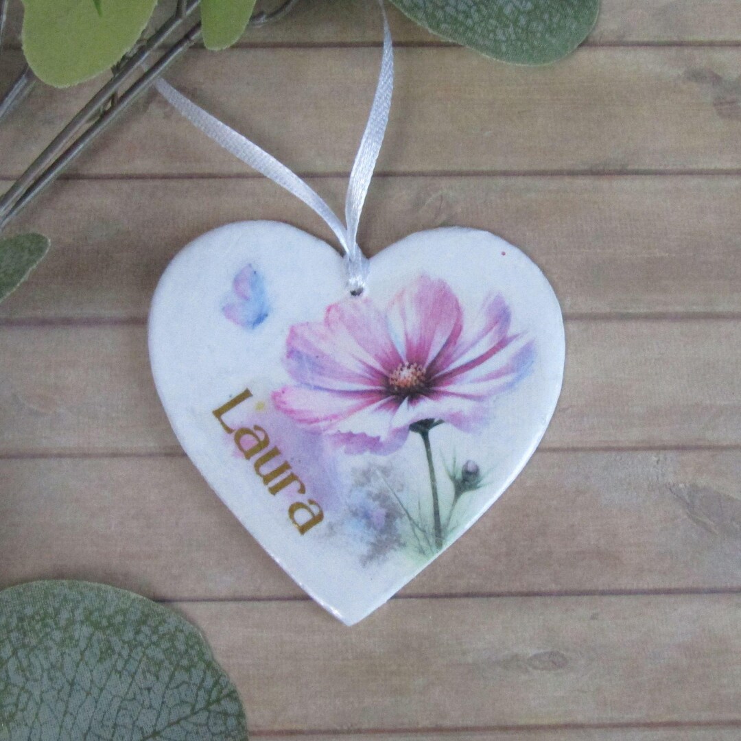 Personalized Cosmos Flower Hanging Heart Decoration, Floral Decor ...