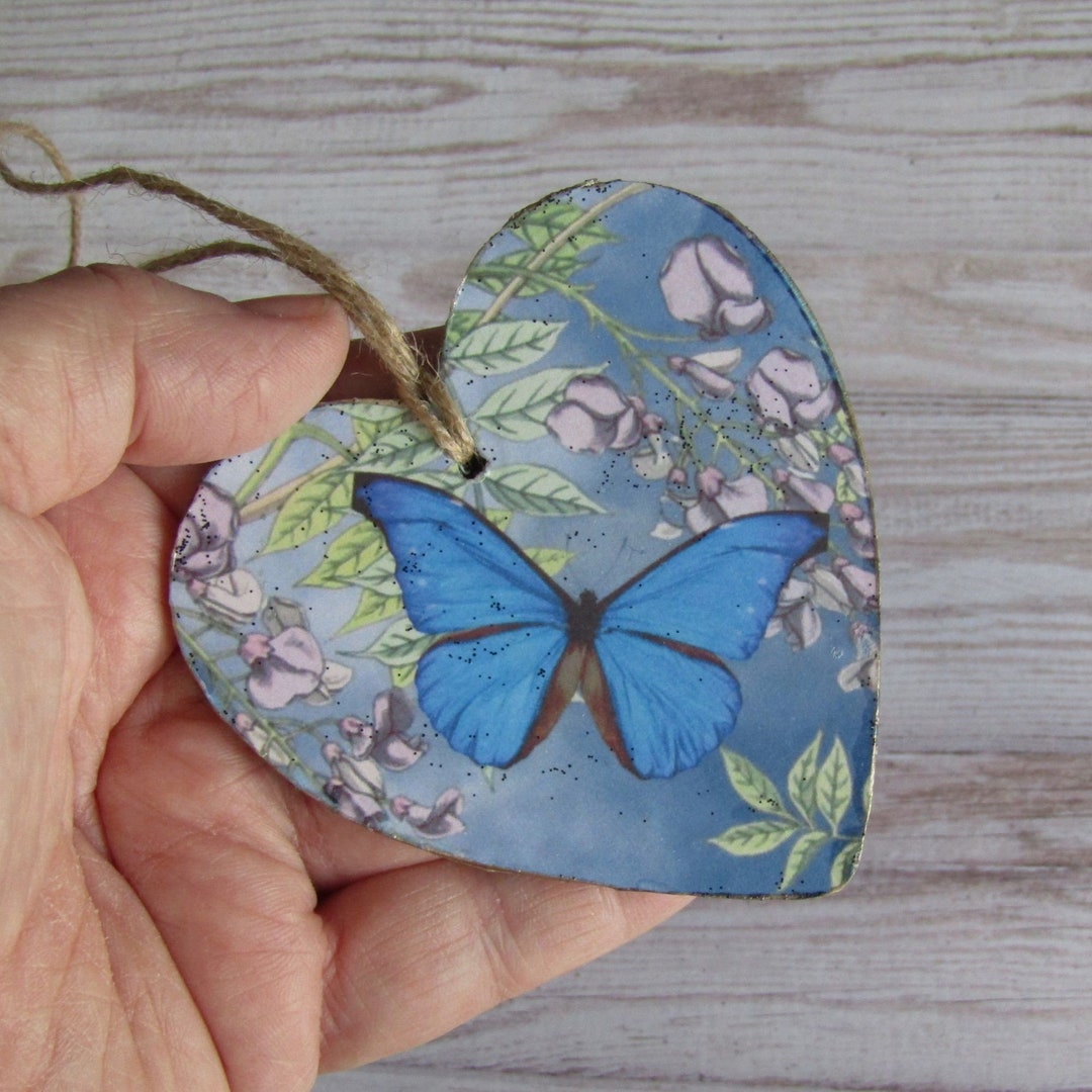 Wooden Butterfly Hanging Heart, Blue Morpho Butterfly and Wisteria ...