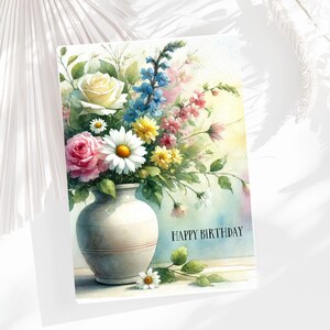 Floral Birthday Card: Watercolor Vase of Flowers (digital Download) - Etsy