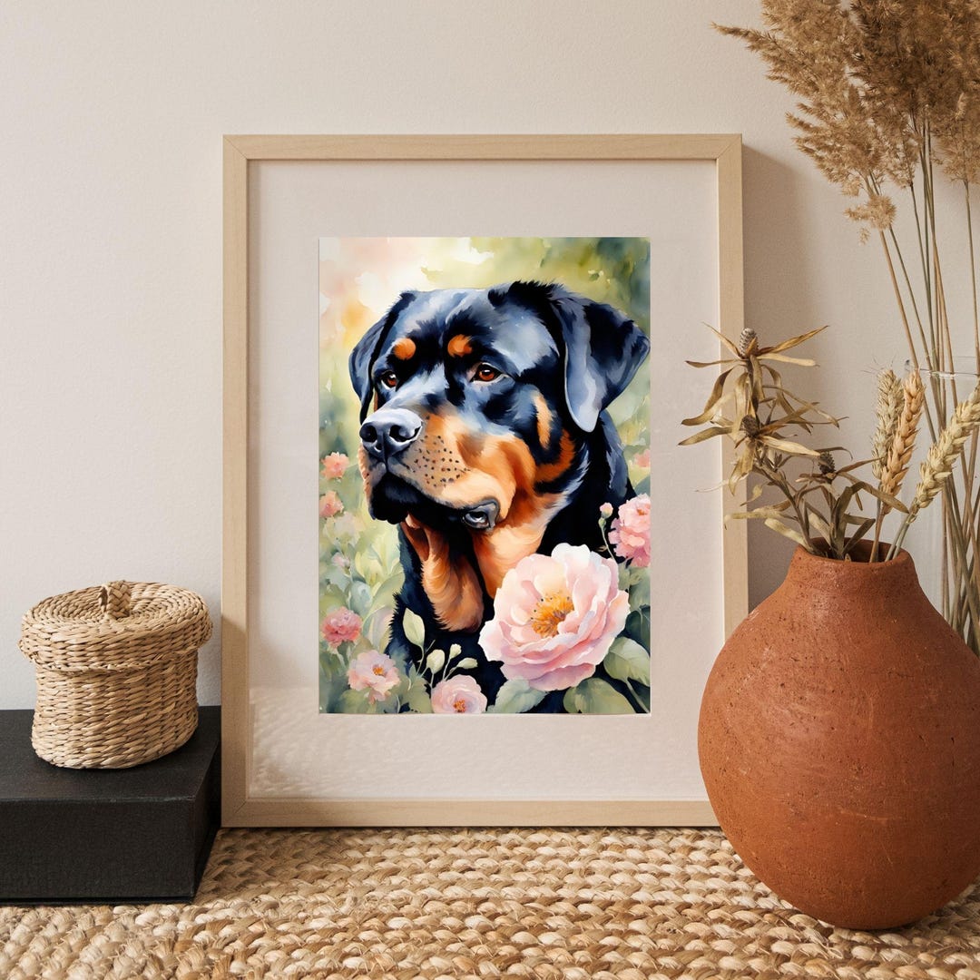 Rottweiler in Flowers Digital Print, Printable Dog Lover Wall Art ...