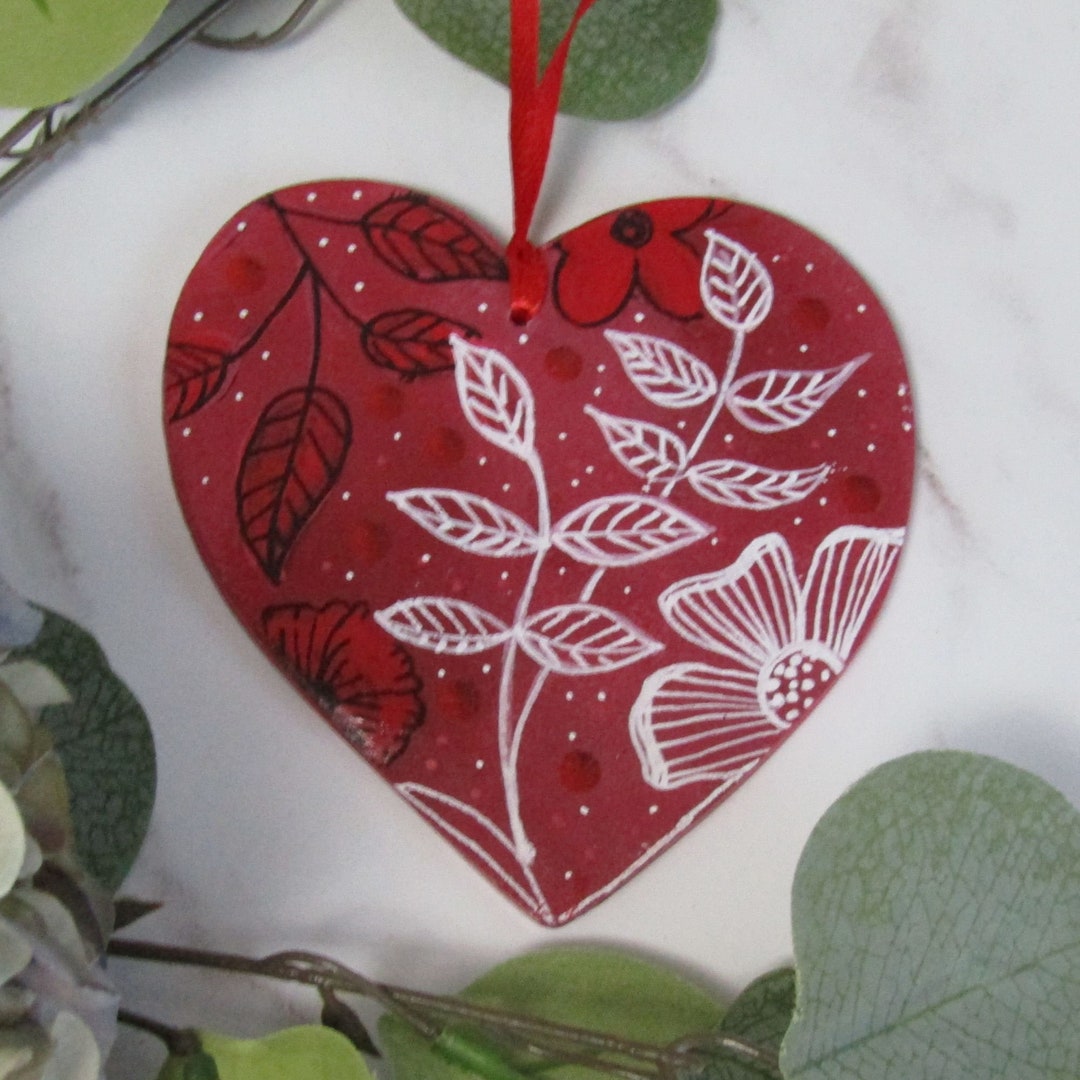 Red Heart Ornament, Red and White Valentine Cottagecore Hanging Heart ...
