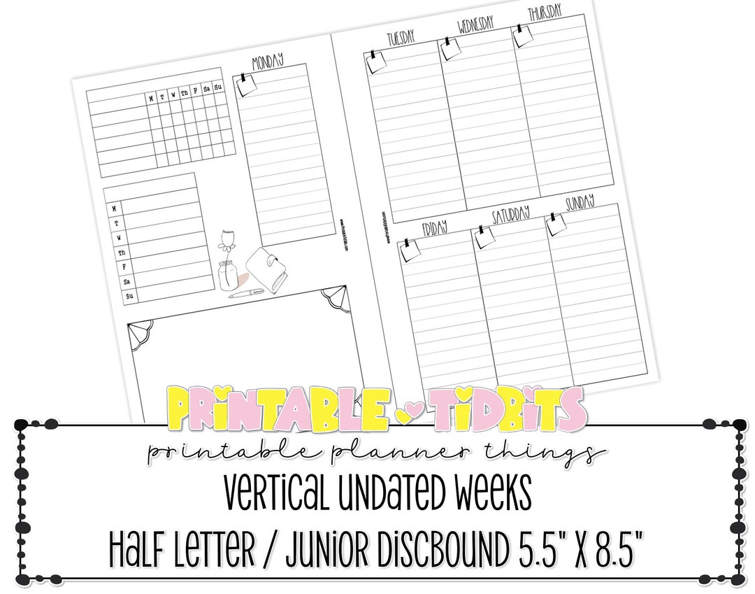 Vertical Undated Weekly Insert for Half Letter Ring or Disc Planners ...