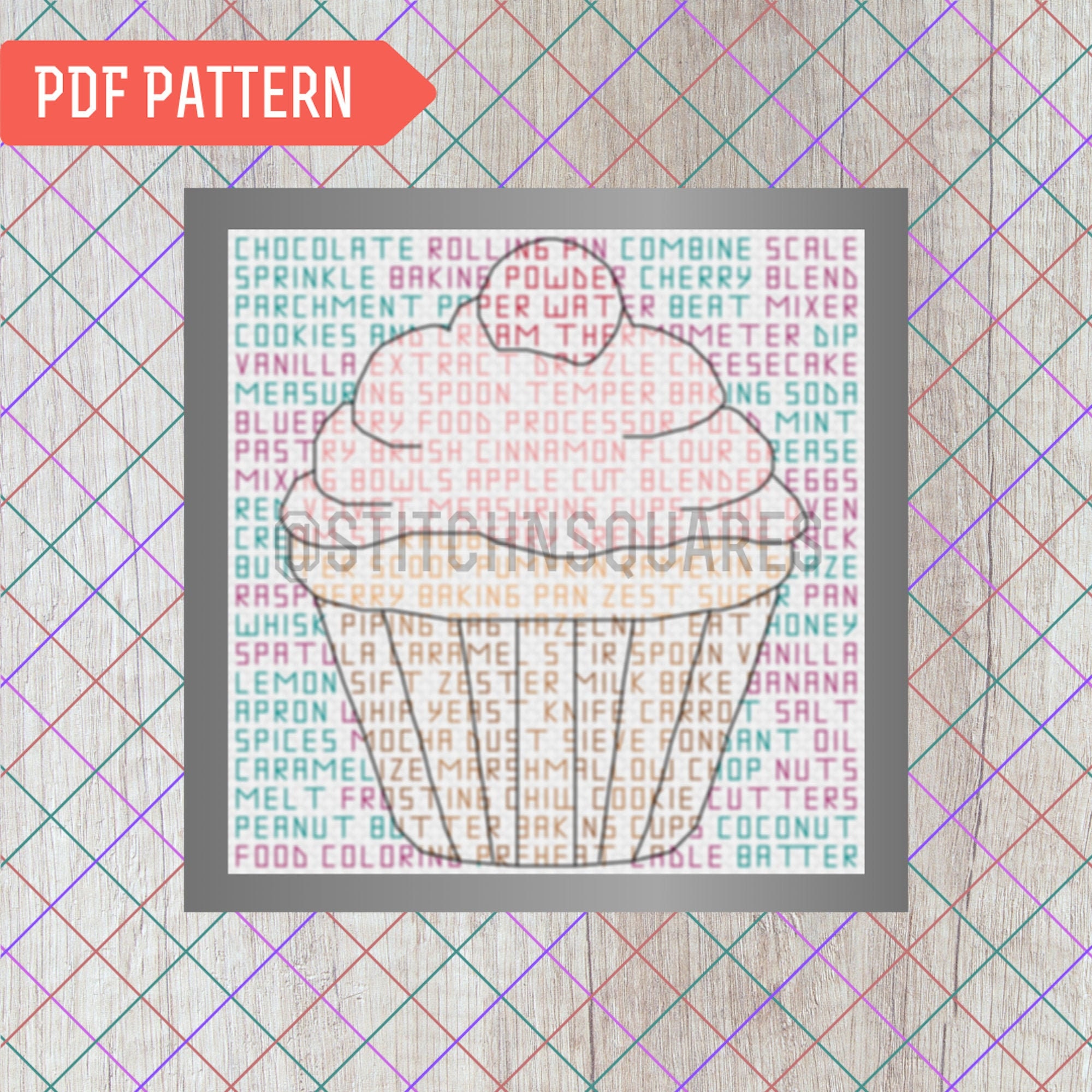 Backstitch Baking Cupcake Calligram Text Art Cross Stitch Pattern PDF ...