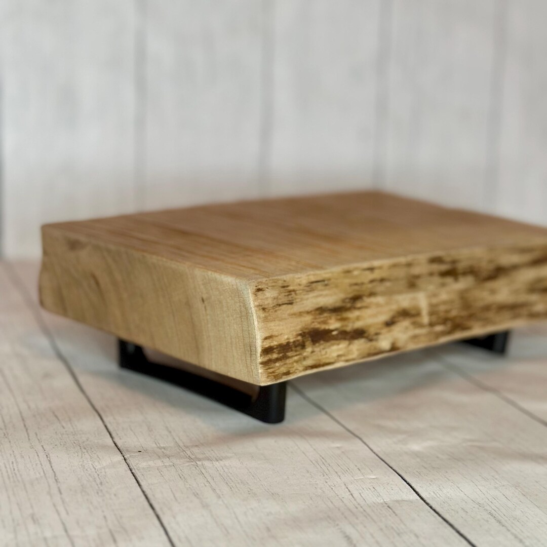 Rustic Oak Wood Riser With Black Metal Feet – Live Edge Display Stand ...