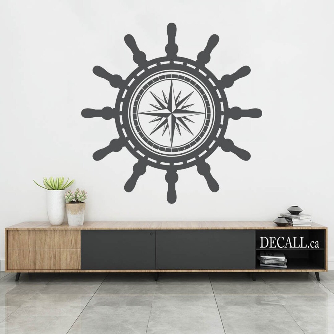 Ship Steering Wheel With Compass Wall Decal Sticker, Marine Nautical Wall Decor, Ship Wheel ...