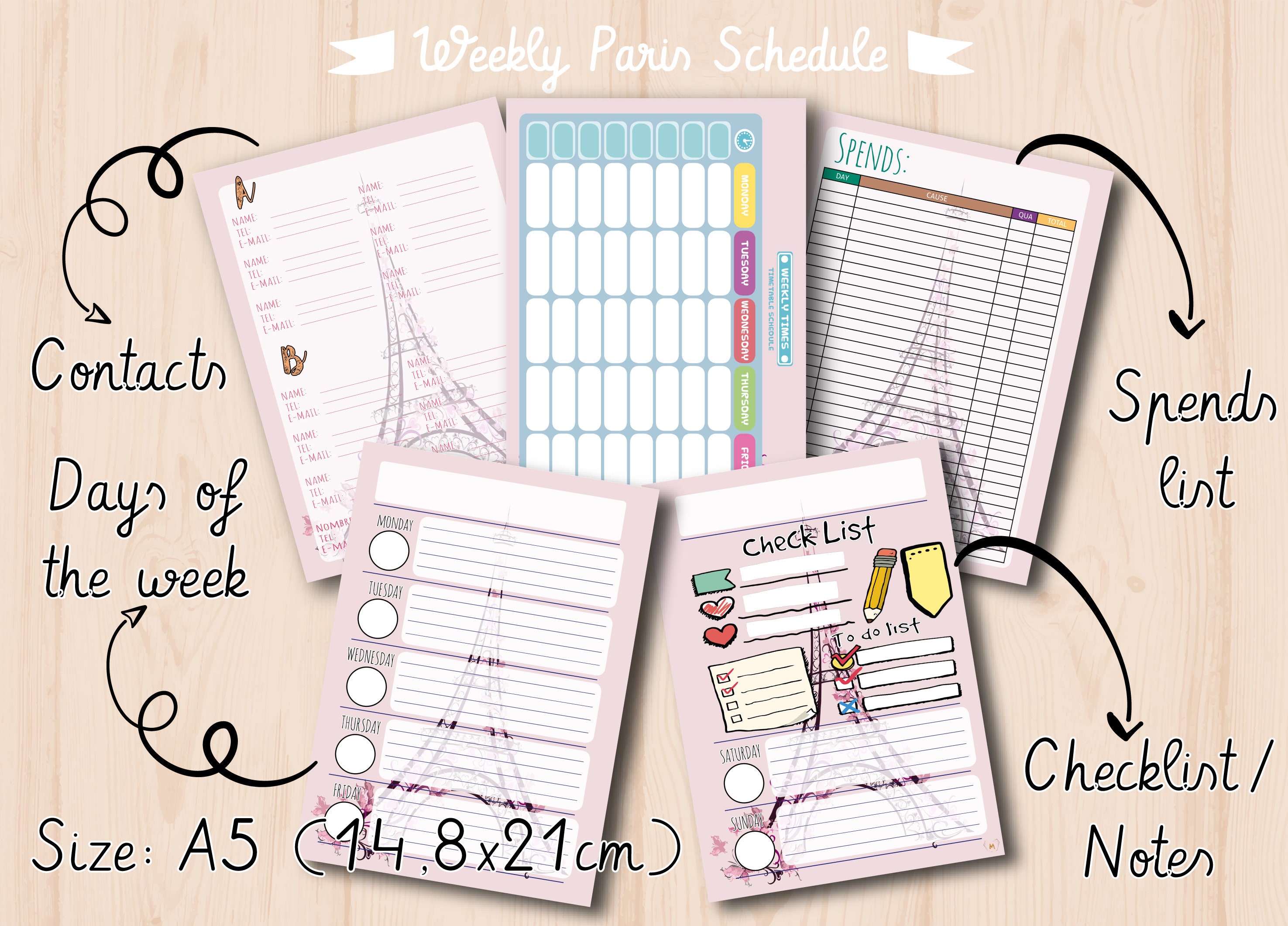 Printable Perpetual Weekly Planner A5-eiffel Tower-days of Week ...