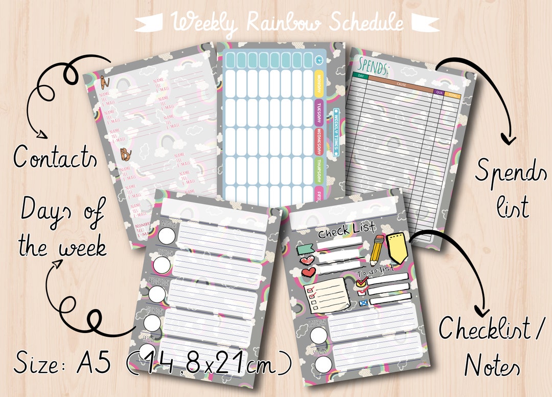 Printable Perpetual Weekly Planner A5-rainbows-days of Week-schedule ...