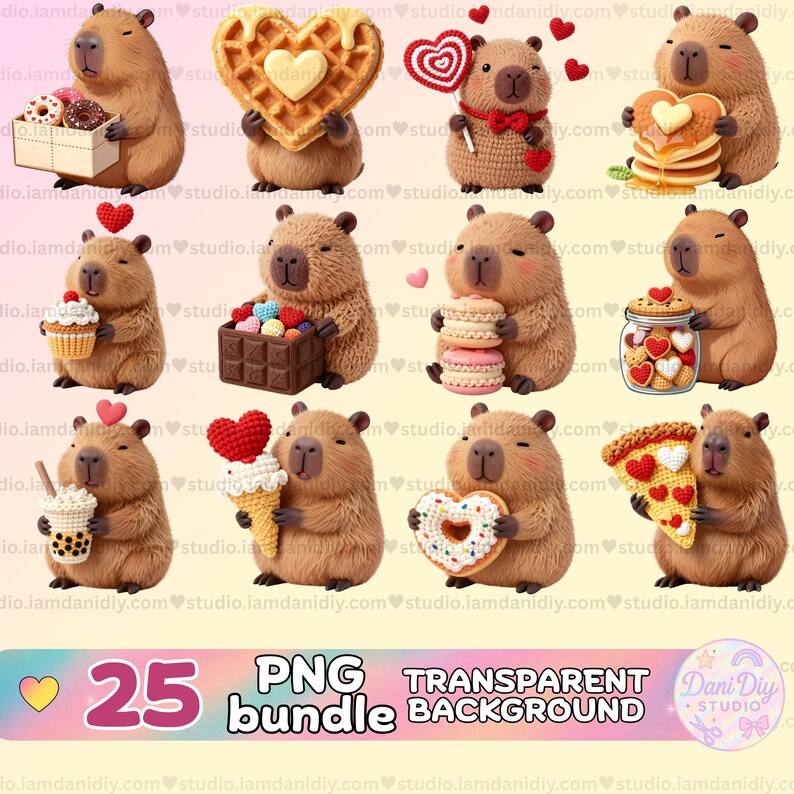 Capybara Faux Yarn Food Clipart Bundle, 25 PNG, Kawaii Crochet Style ...