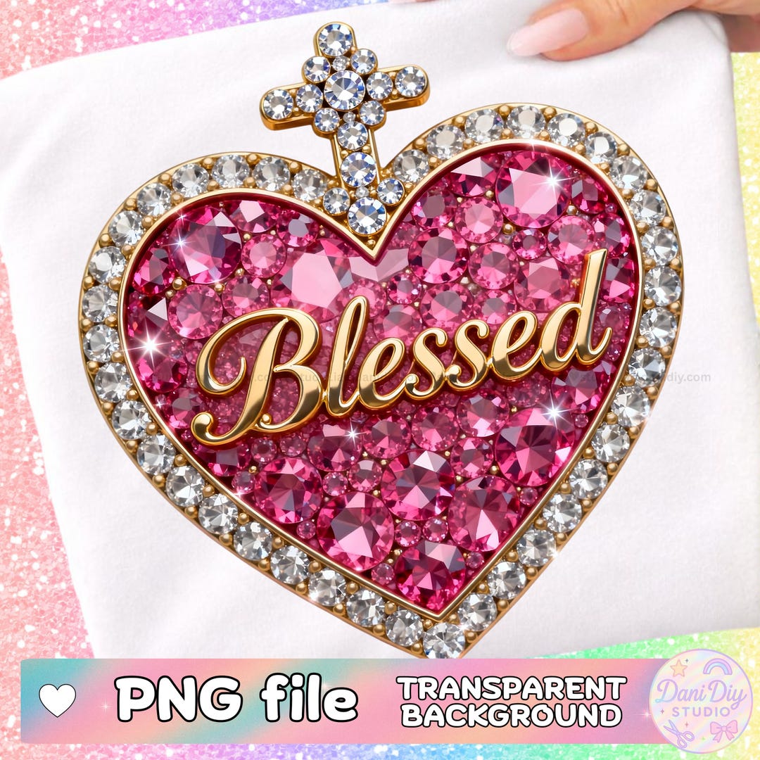 Blessed Png, Blessed Rhinestone PNG, Christian Easter Bling Heart Cross ...