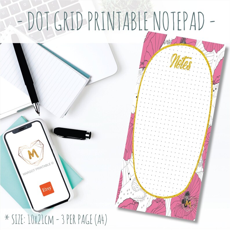 Dot Grid Printable Notepad A4 - Floral Flowers Pink Black Gold - to Do ...