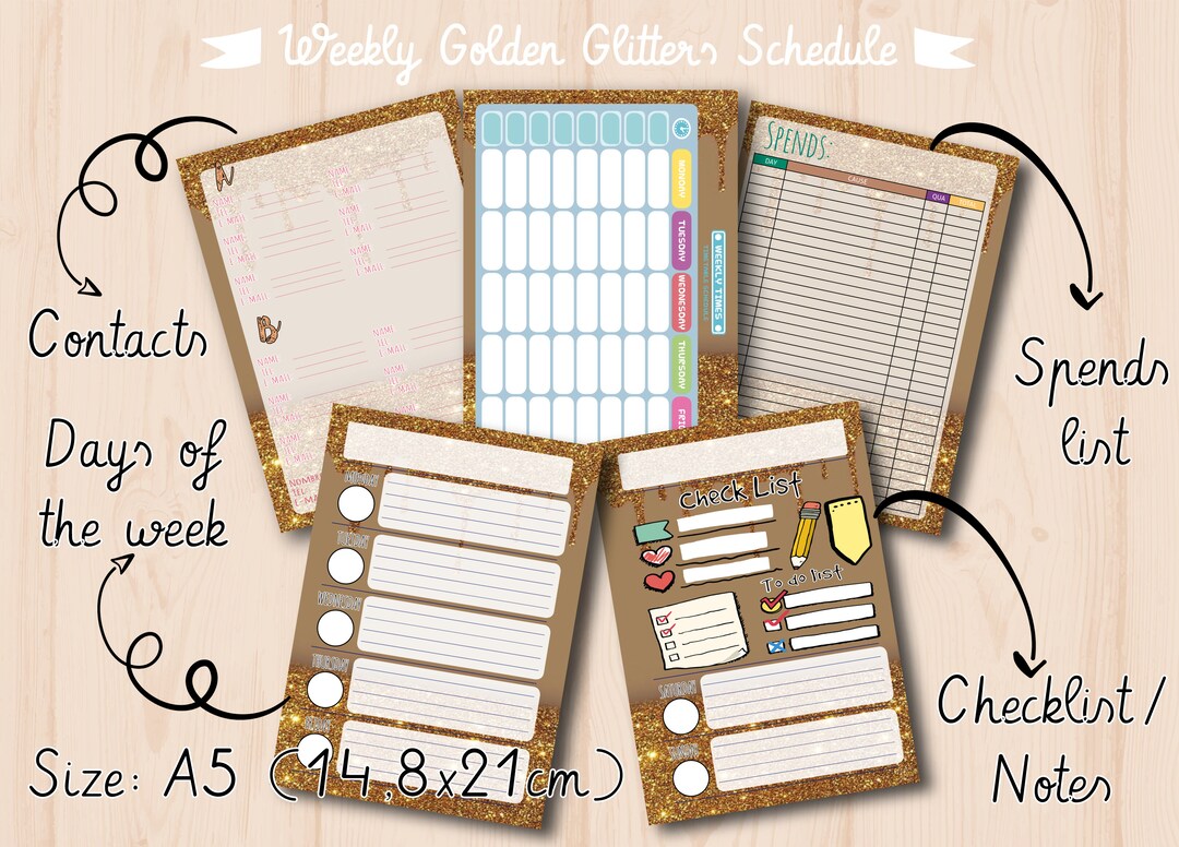 Printable Perpetual Weekly Planner A5-golden Glitters-days of Week ...