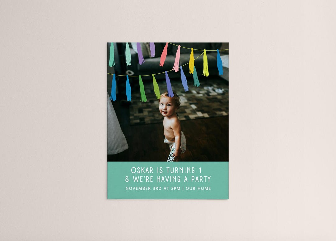 Editable Garland Birthday Invitation Template With Photo (canva ...