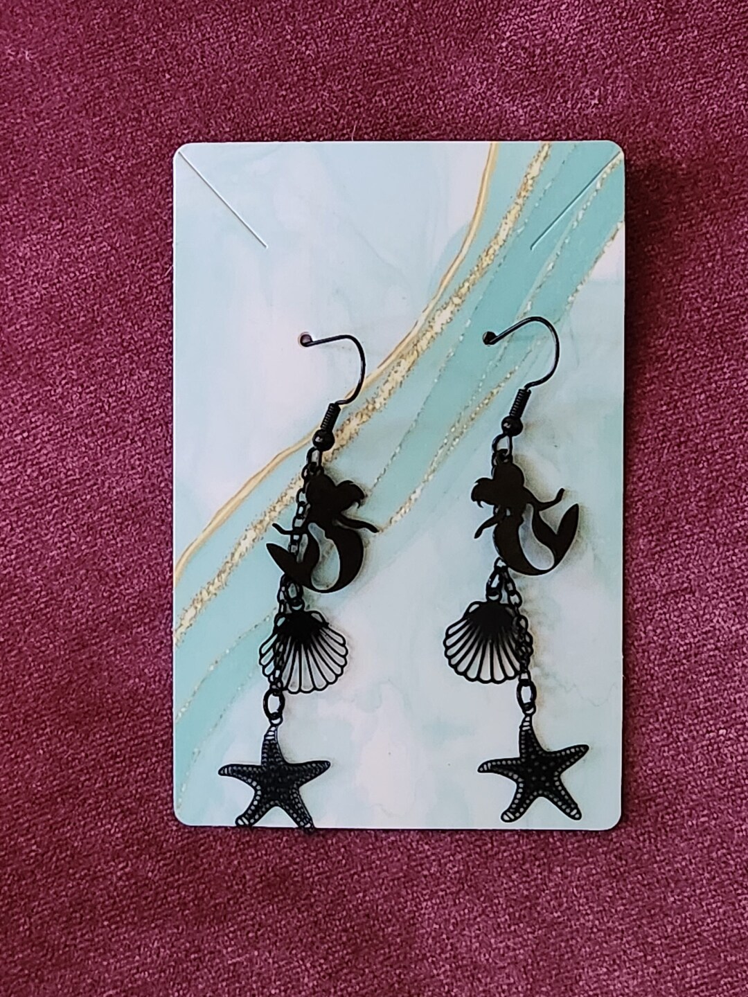 Ariel Little Mermaid Beach Seashell and Starfish Black Metal Dangle ...