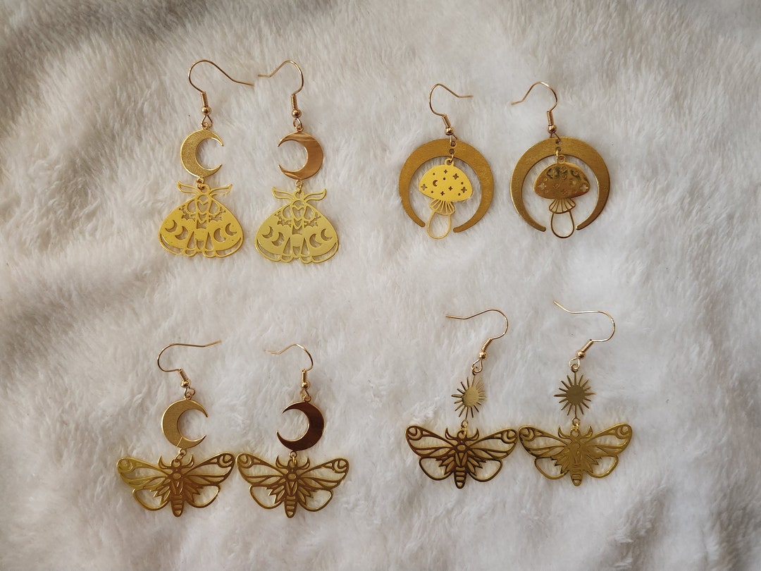 Gold Moth Sun & Moon Mushroom Celestial Dangle Drop Earrings - Etsy