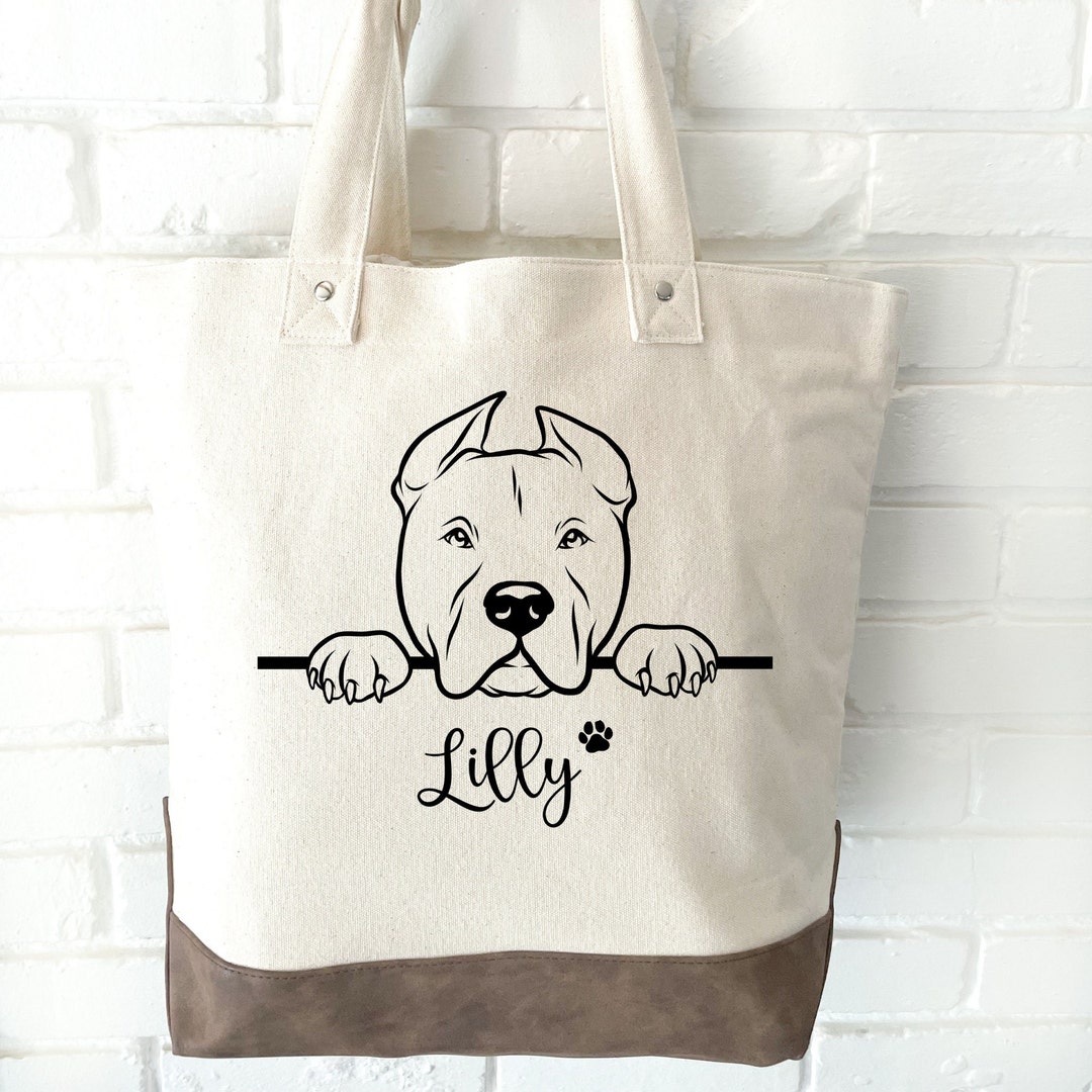 Pitbull Peeking Tote Bag Custom Dog Mom Tote Bag Personalized Two Toned ...