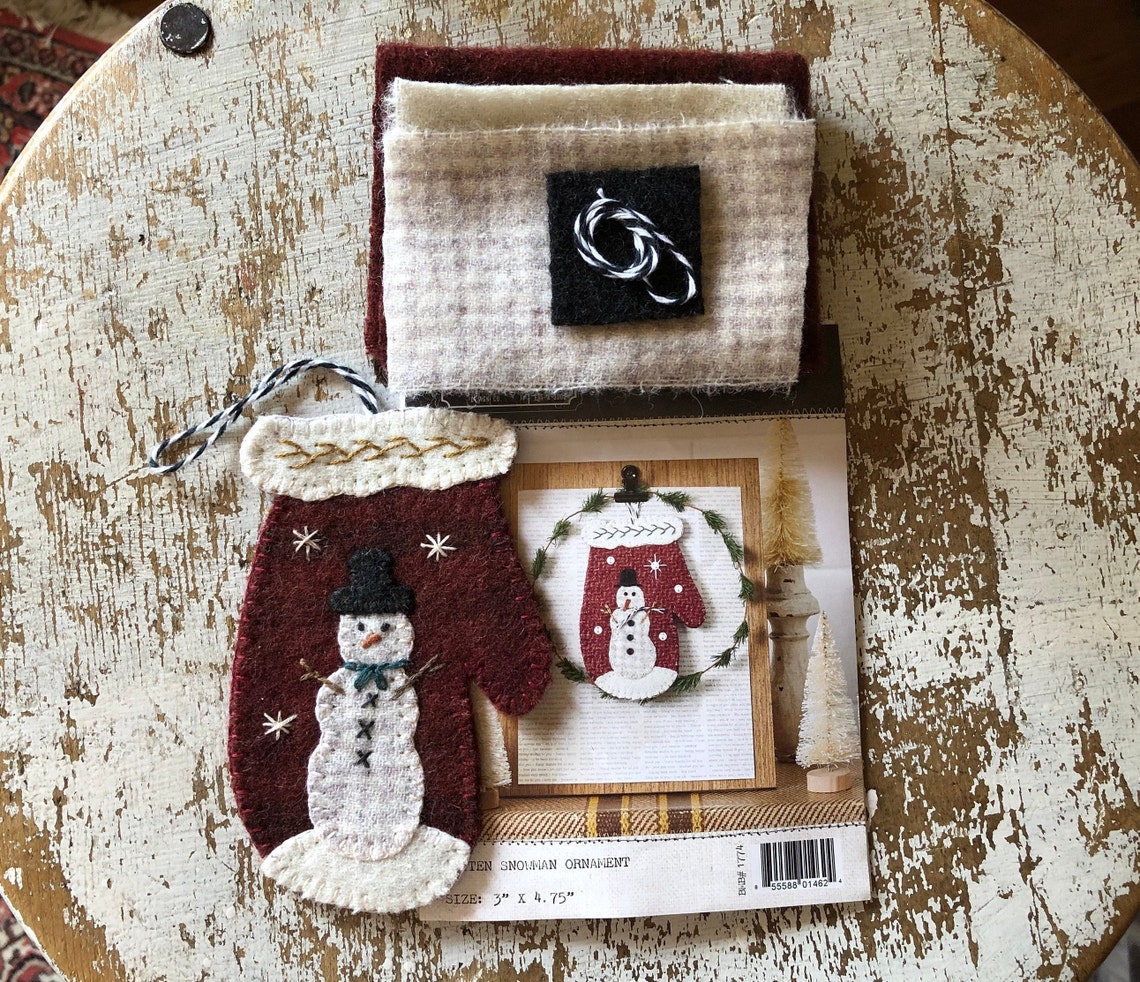 Wool Applique Kit mitten Snowman Ornament | Etsy