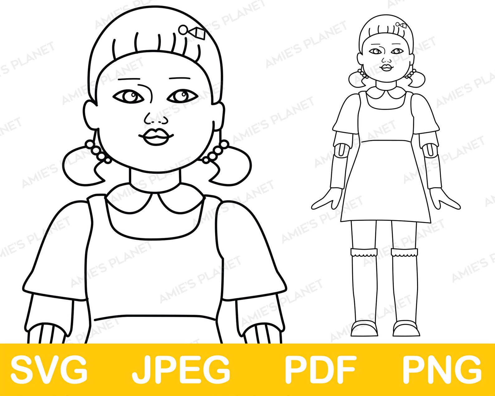 Squid Game Doll black and White Outline Only in PNG SVG - Etsy