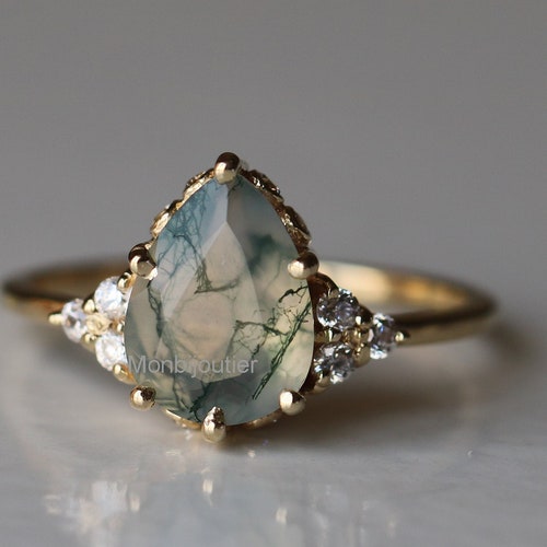 Moss Agate & Diamond Engagement Ring Unique Mossy Ring - Etsy