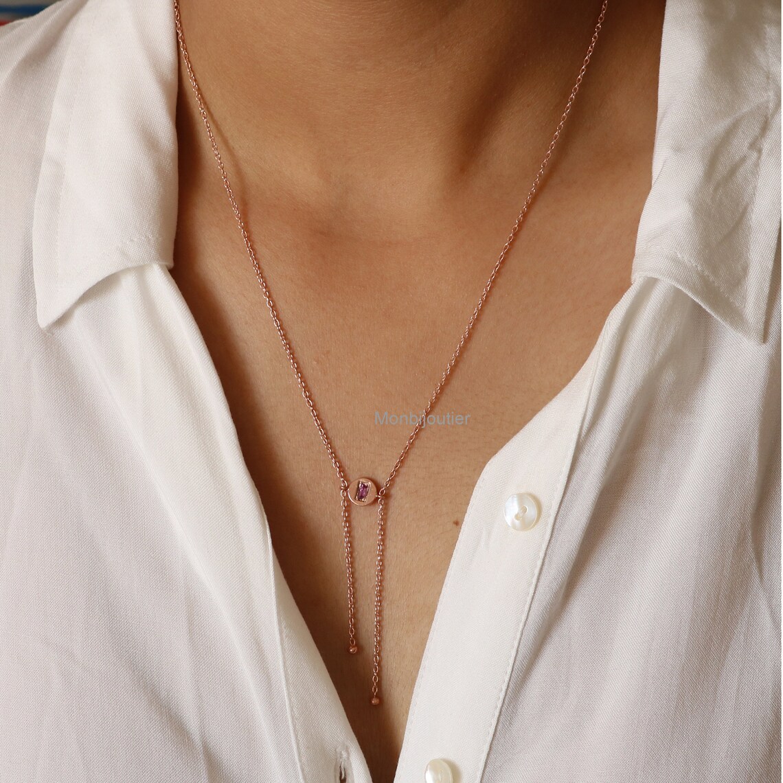 Baguette Amethyst Disc Lariat Necklace in 14k Rose Gold - Etsy