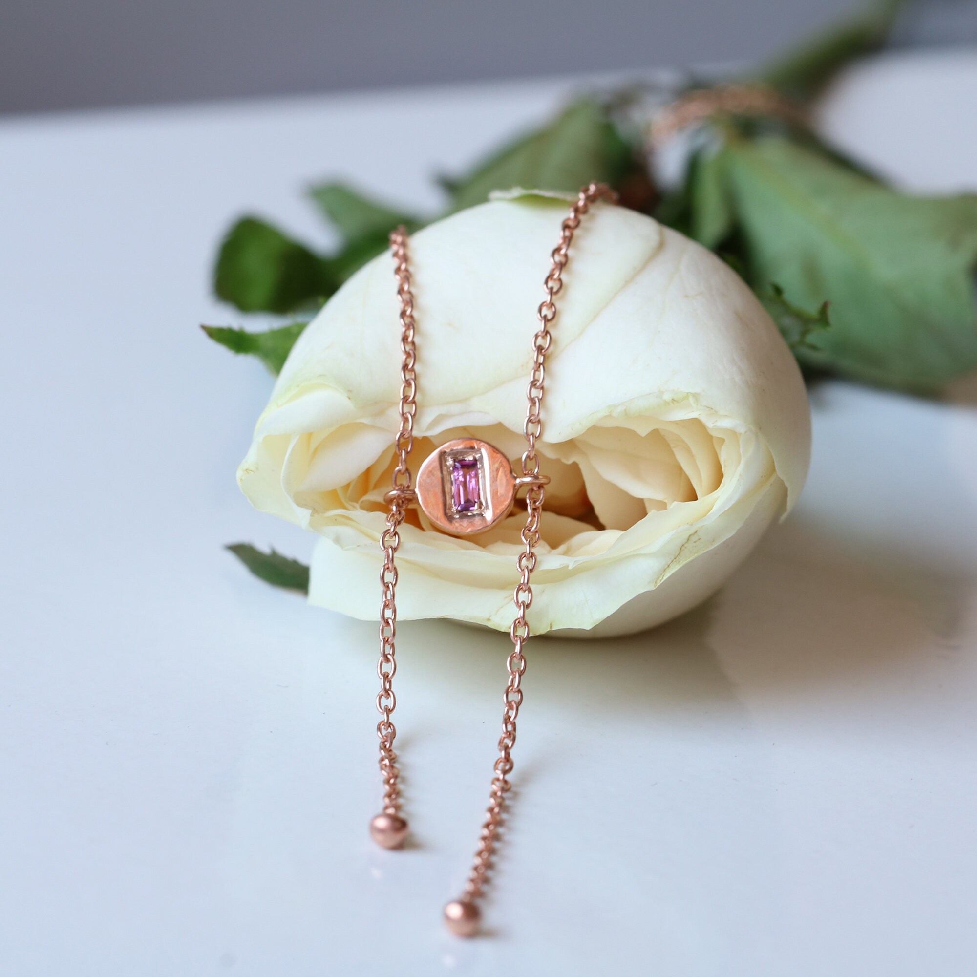 Baguette Amethyst Disc Lariat Necklace 14k Rose Gold Gemstone - Etsy