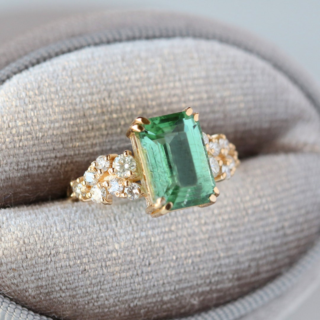 5 Ct. Emerald Cut Mint Tourmaline Engagement Ring, Diamond Cluster Ring ...