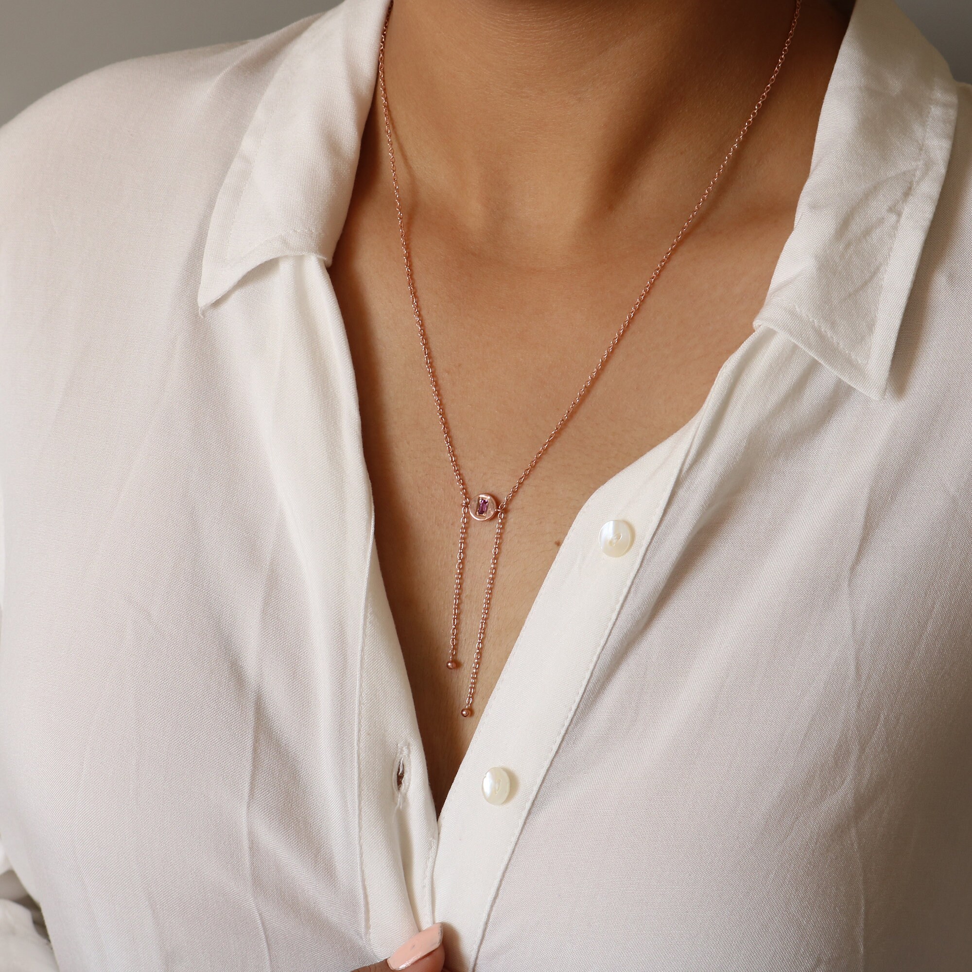Baguette Amethyst Disc Lariat Necklace 14k Rose Gold Gemstone - Etsy