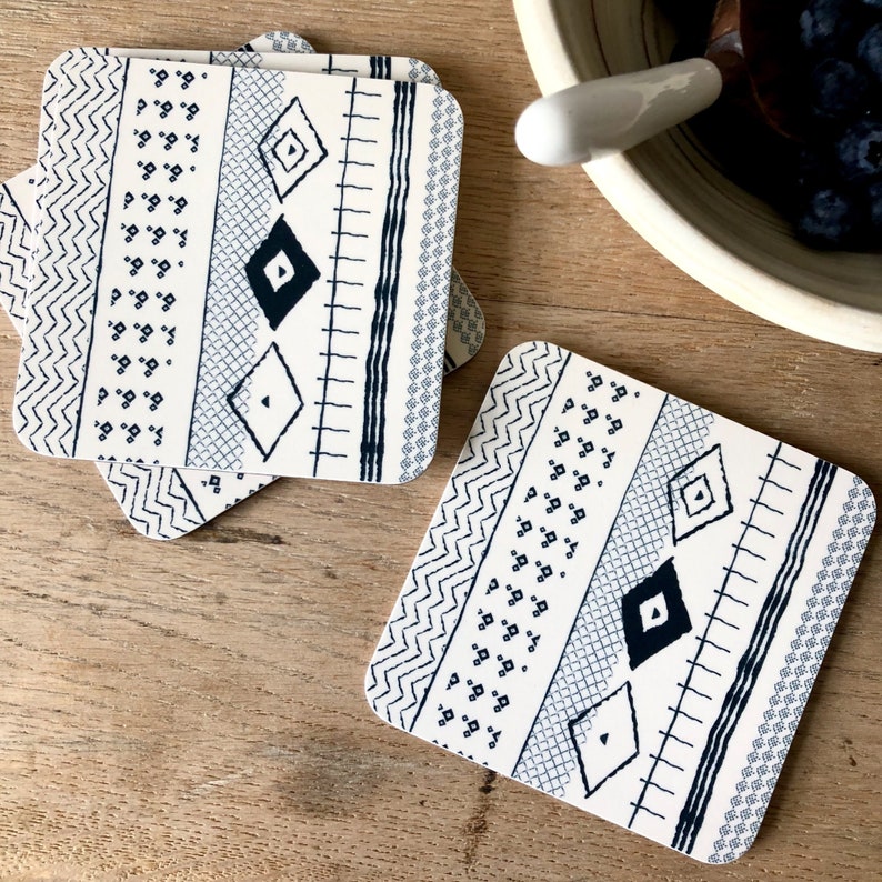Set of 4 Drinks Coasters, Boho Design // Cork Backed Melamine Drinks ...