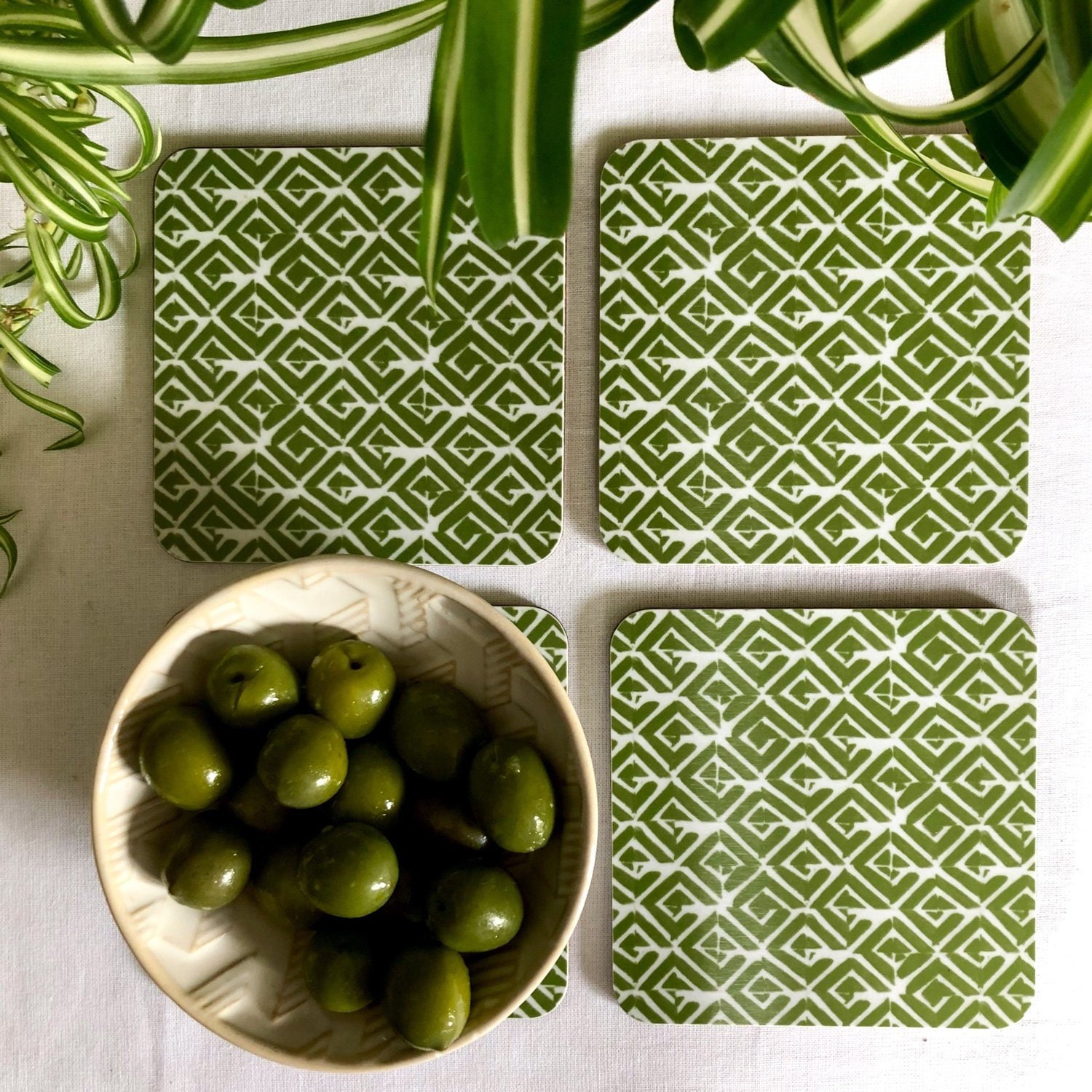 Set of 4 Green Contemporary Coasters // Geometric Cork Backed Coasters ...