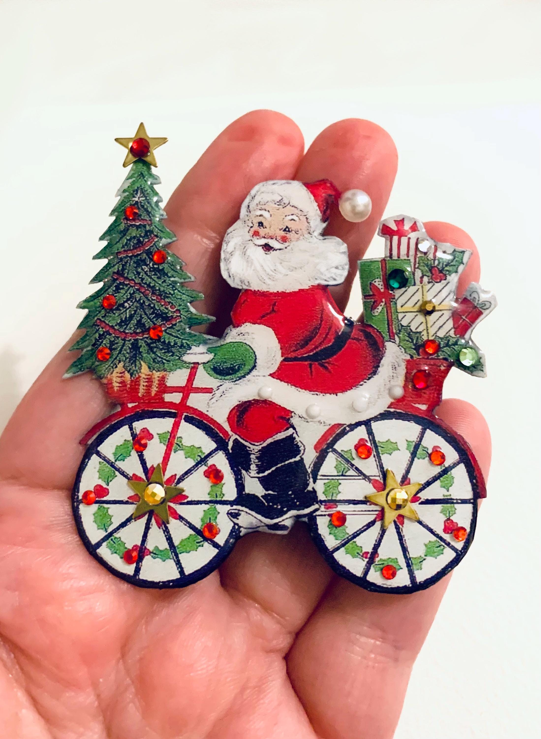 Santa on Bycicle Delivering Christmas Gifts and Tree, Unique Vintage ...