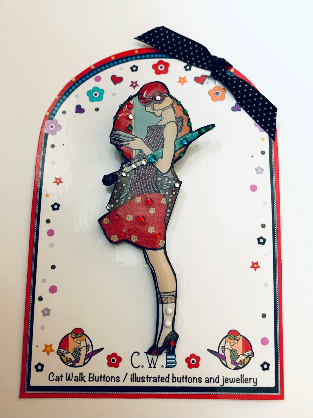 Art Deco Flapper Brooch: Illustrated Lady Pin With Rhinestones - Etsy