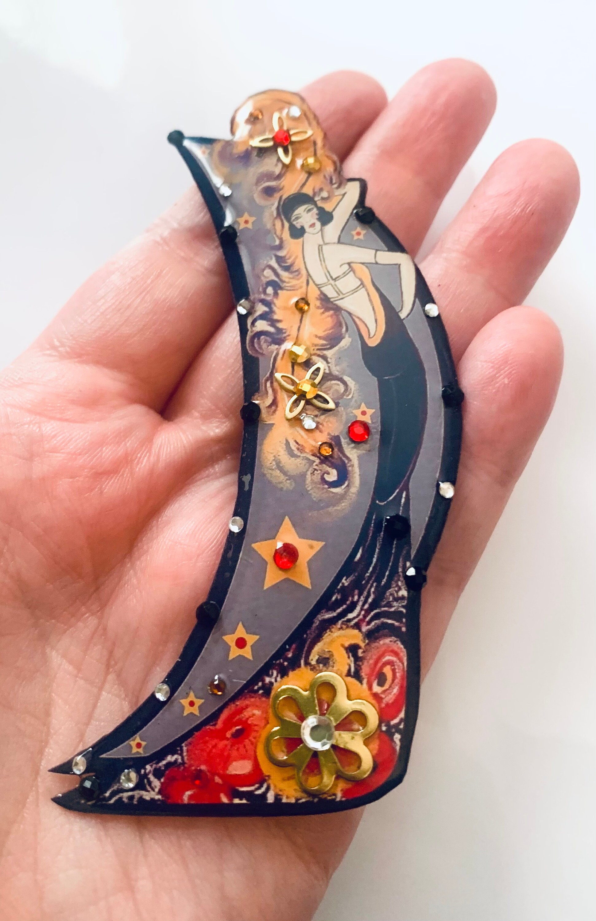 Art Deco Lady Full Length Brooch, Unique Brooch, Flapper Lady Moon ...