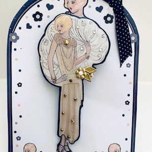 Flapper Girl Brooch: Art Deco Illustrated Lady, Rhinestone Detail - Etsy