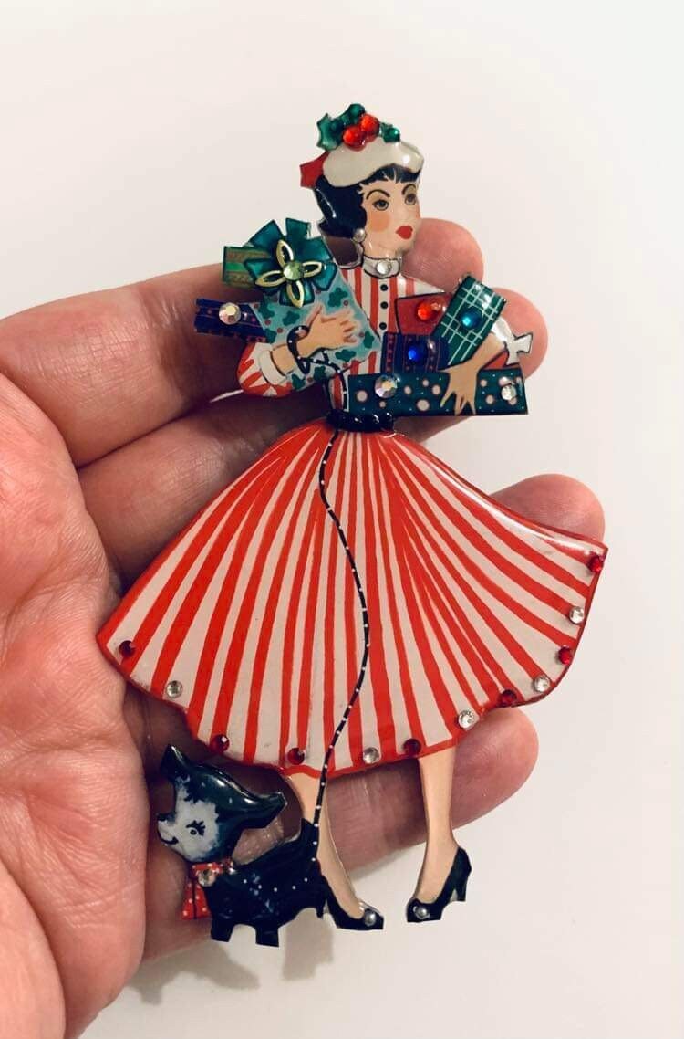 Retro Vintage Style 50s Lady Walking Dog Carrying Christmas Presents ...