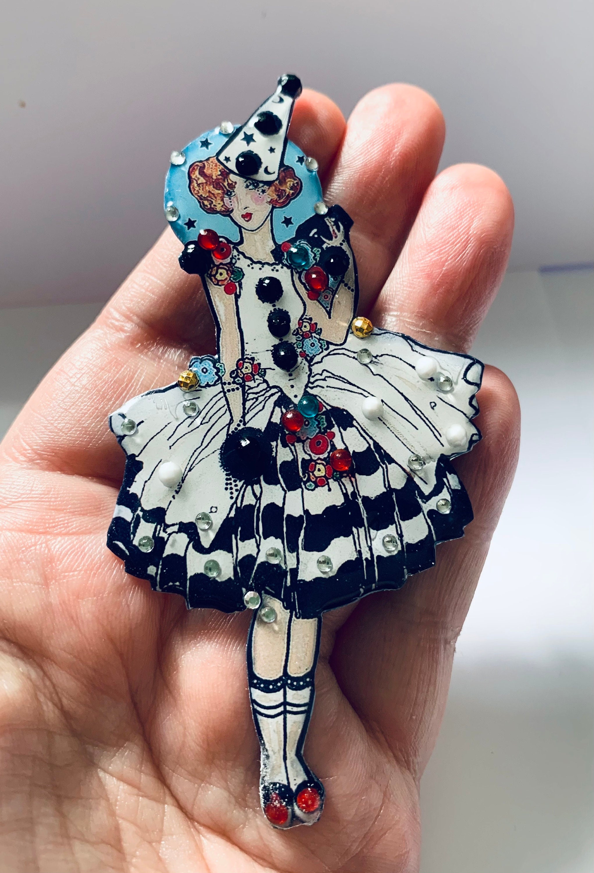 Art Deco Circus Clown Girl Illustrated Brooch, Handmade, Unique Brooch ...